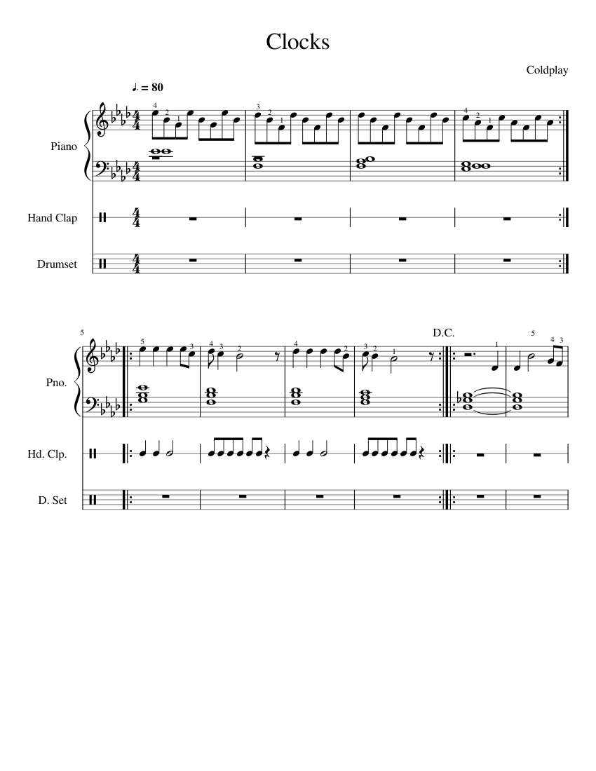 Clocks remastered Sheet music for Piano, Drum group, Hand clap (Mixed ...