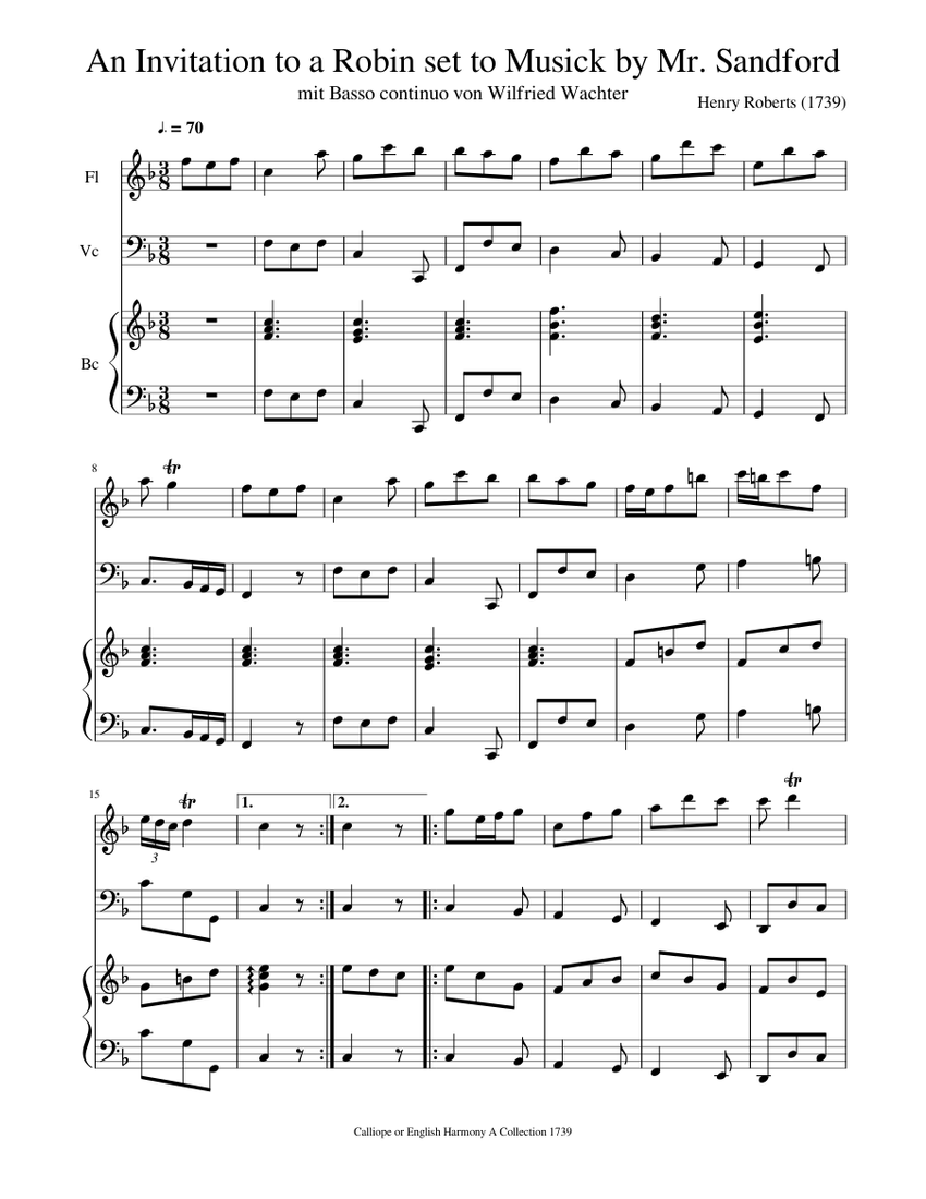 An Invitation to a Robin set to Musick by Mr. Sandford Sheet music for ...