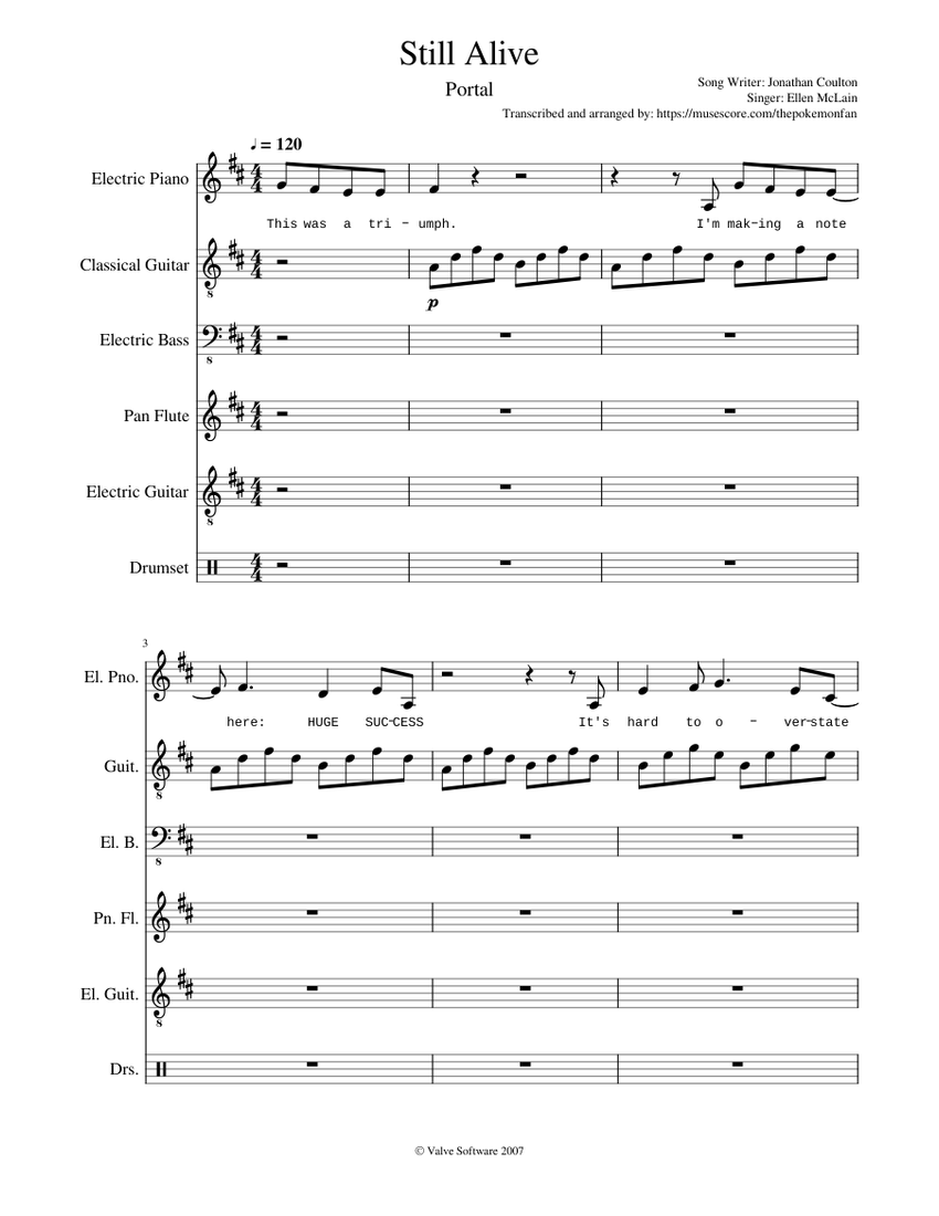 Still Alive (Ellen McLain) - Portal (with lyrics) Sheet Music for Piano ...