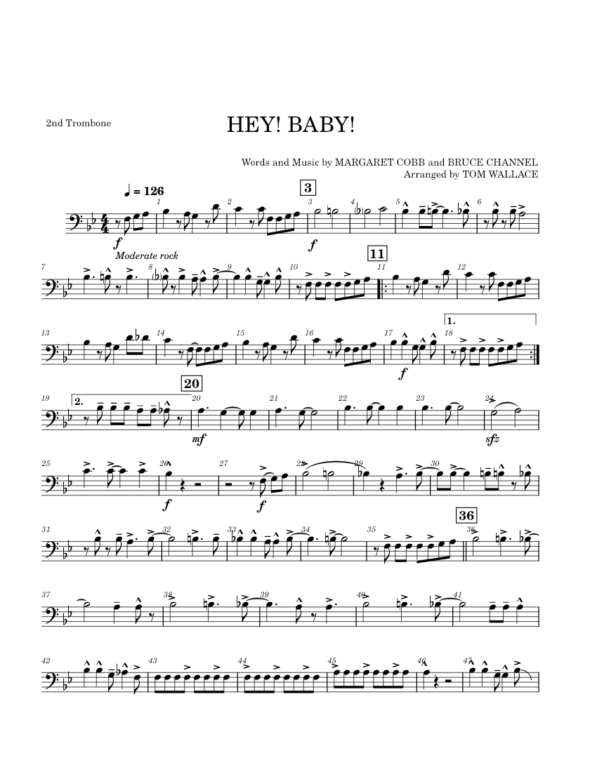 Hey! Baby! – Bruce Channel 2nd Trombone Sheet Music for Trombone (Pep ...