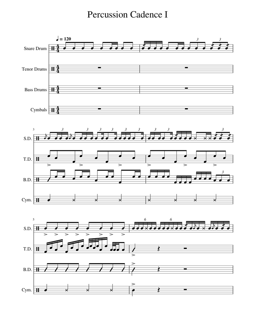 Percussion Cadence I Sheet Music for Snare drum, Crash, Tenor drum ...