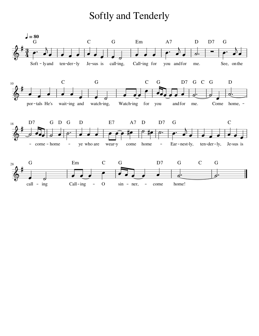 Softly and Tenderly Sheet Music with Chords for Piano (Solo) Easy ...