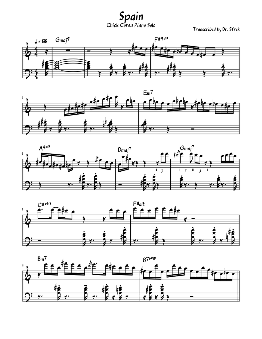 Spain - Chick Corea piano solo Sheet Music with Chords for Piano (Solo ...