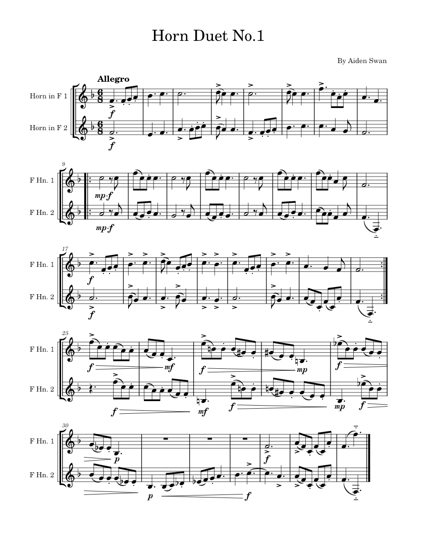 Horn Duet No.1 Sheet music for French horn (Brass Duet) | Musescore.com