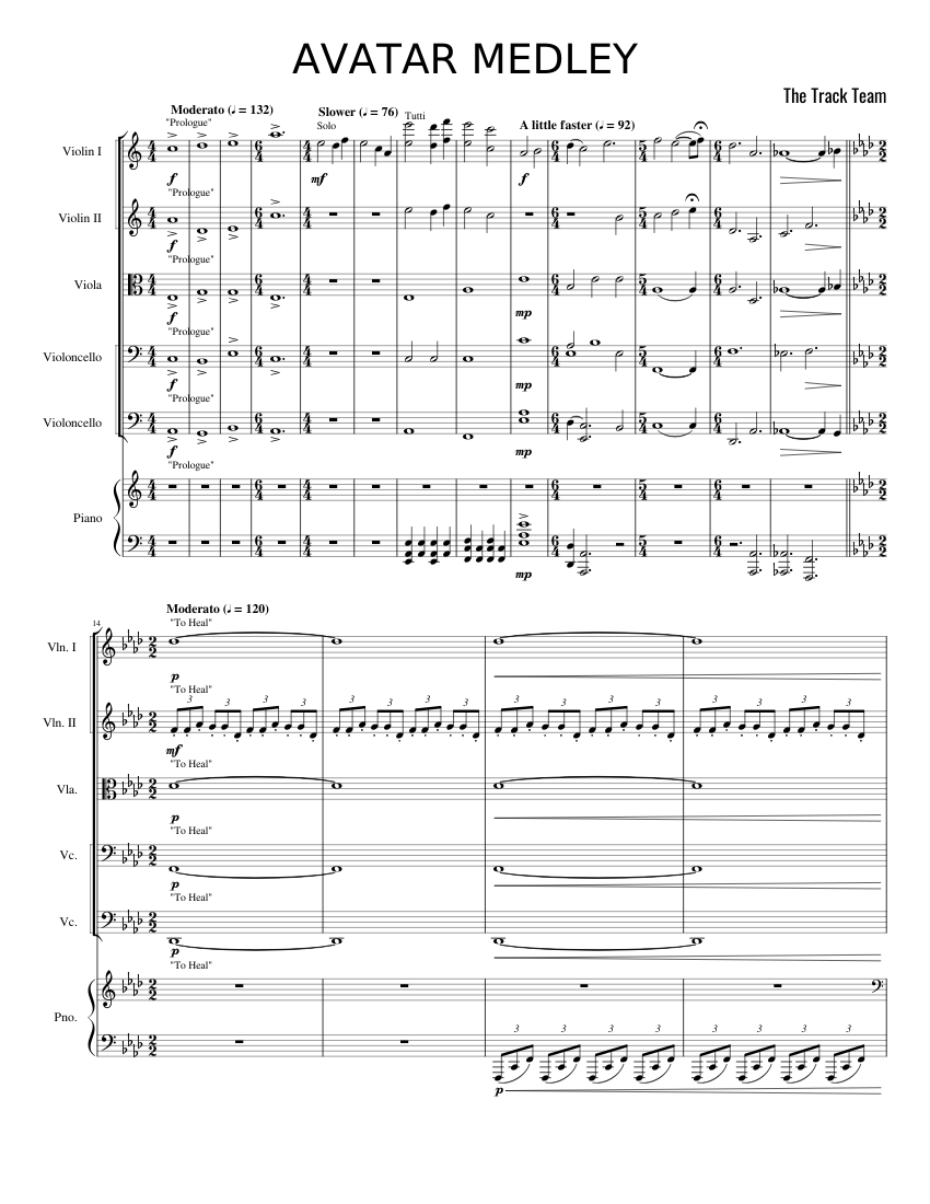Avatar Medley Sheet Music for Piano, Violin, Viola, Cello (String ...