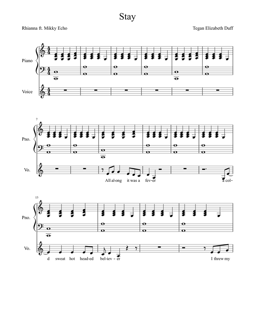 Stay Sheet music for Piano, Voice (other) (Piano-Voice) | Musescore.com