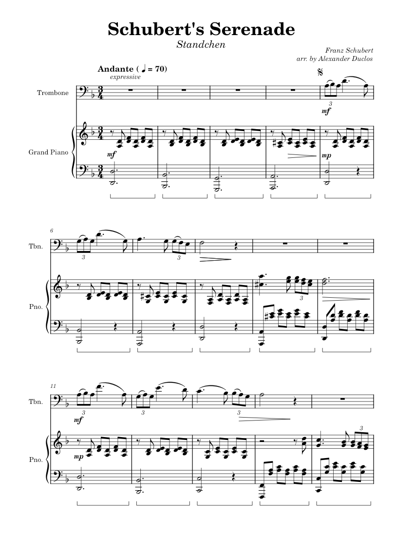 Serenade – Franz Schubert Sheet music for Piano, Trombone (Mixed Duet ...