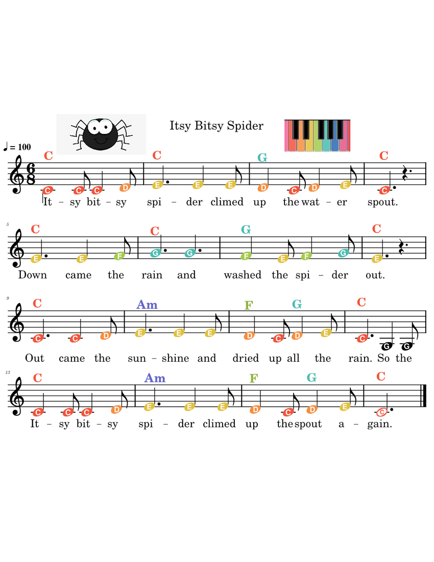 Itsy bitsy spider – Color Notes Name Melody Chord - piano tutorial