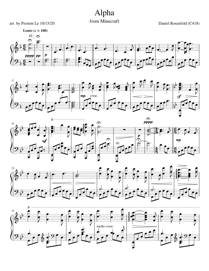 Alpha (full) - Minecraft Credits/End Poem Sheet Music for Piano (Solo ...