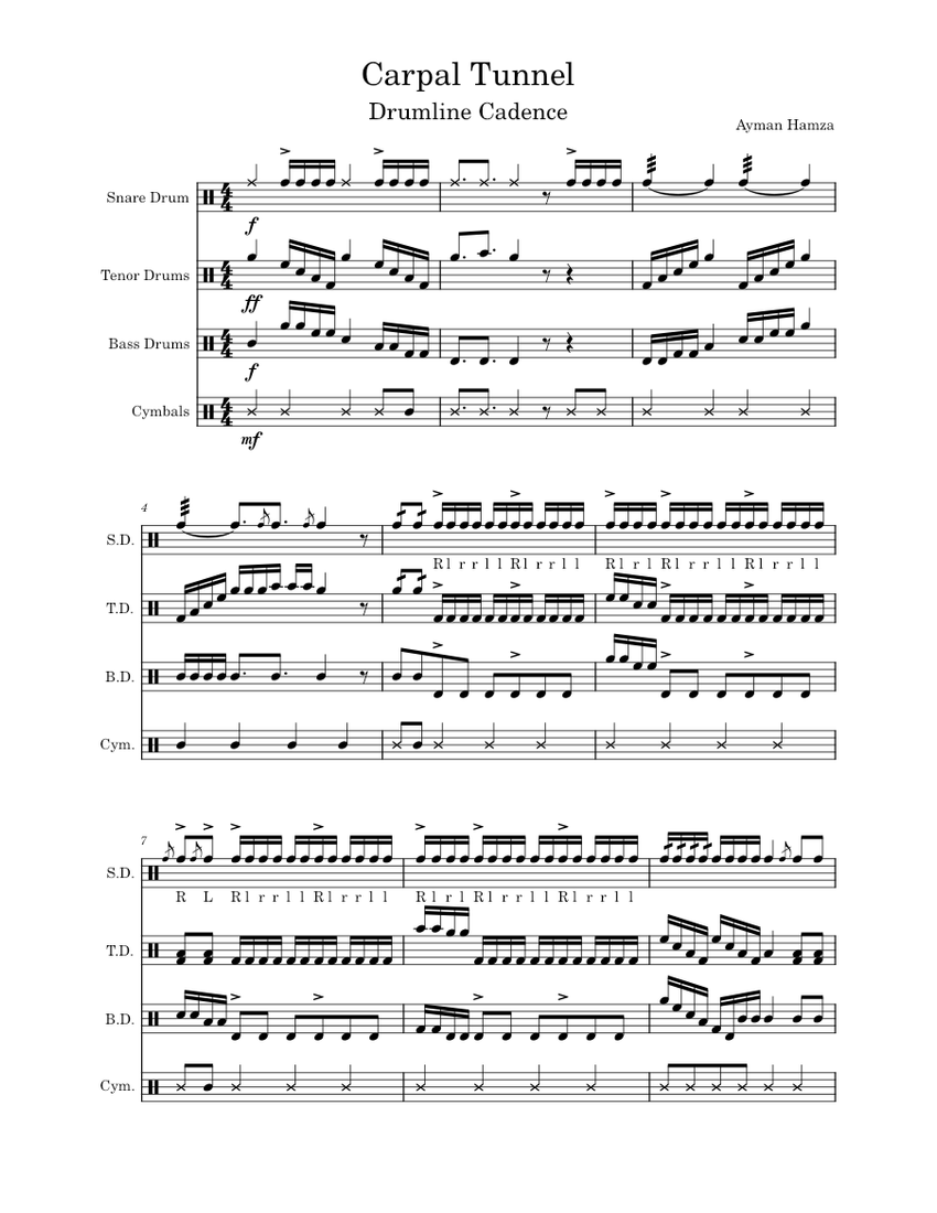 Carpal Tunnel Sheet music for Snare drum, Crash, Tenor drum, Bass drum (Marching Band ...