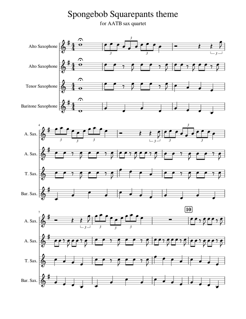 Spongebob squarepants theme sax quartet Sheet Music for Saxophone alto ...