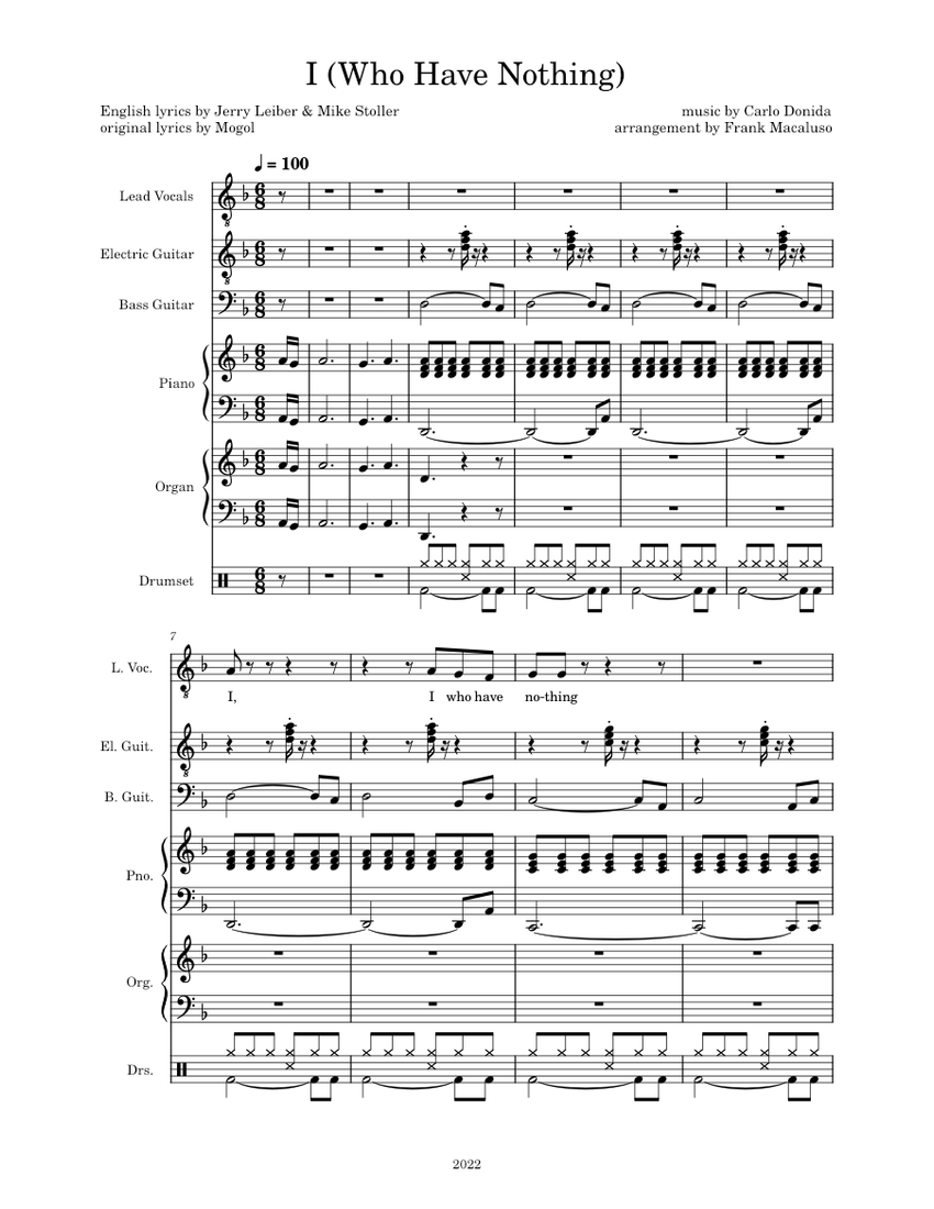I (Who Have Nothing) Sheet Music for Piano, Organ, Vocals, Guitar ...