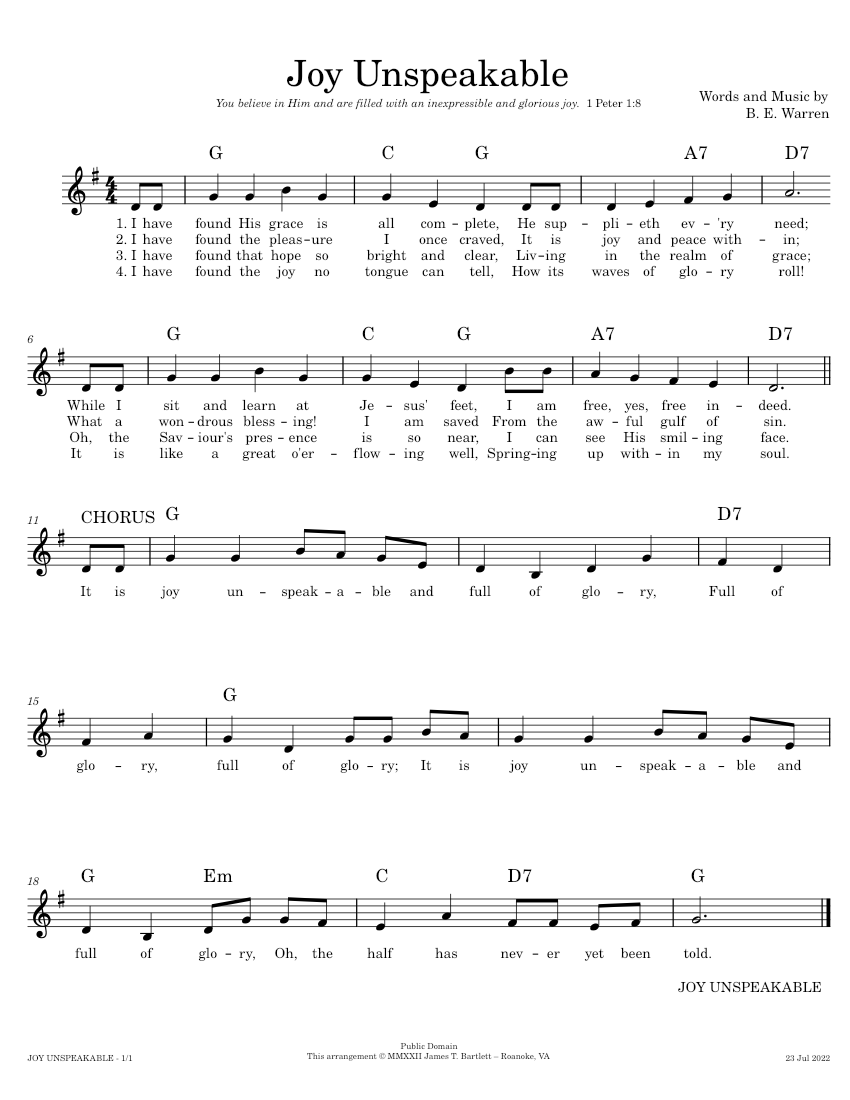 Joy Unspeakable [lead sheet] Sheet Music with Chords for Piano (Solo ...