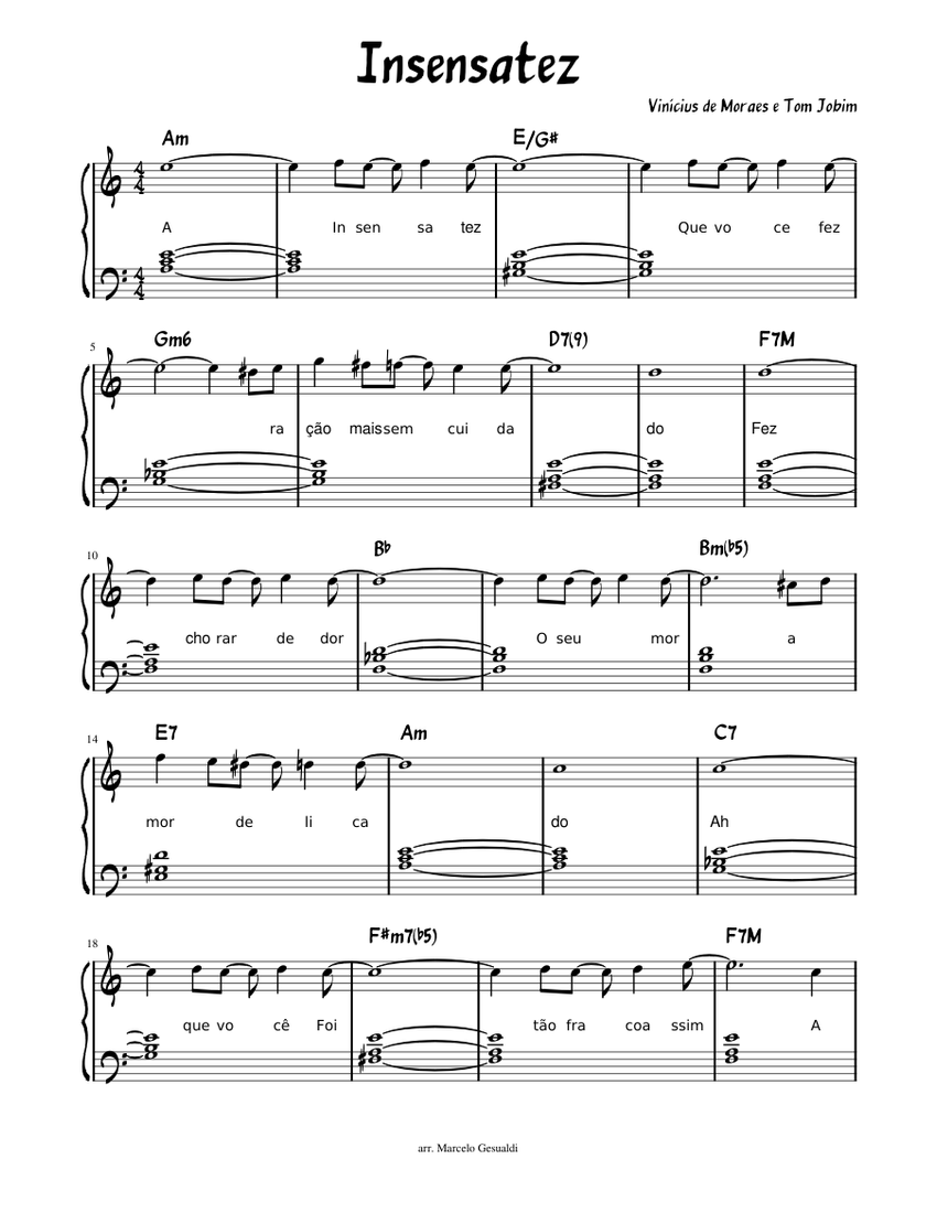 Insensatez Sheet Music with Chords for Piano (Solo) Easy | MuseScore.com
