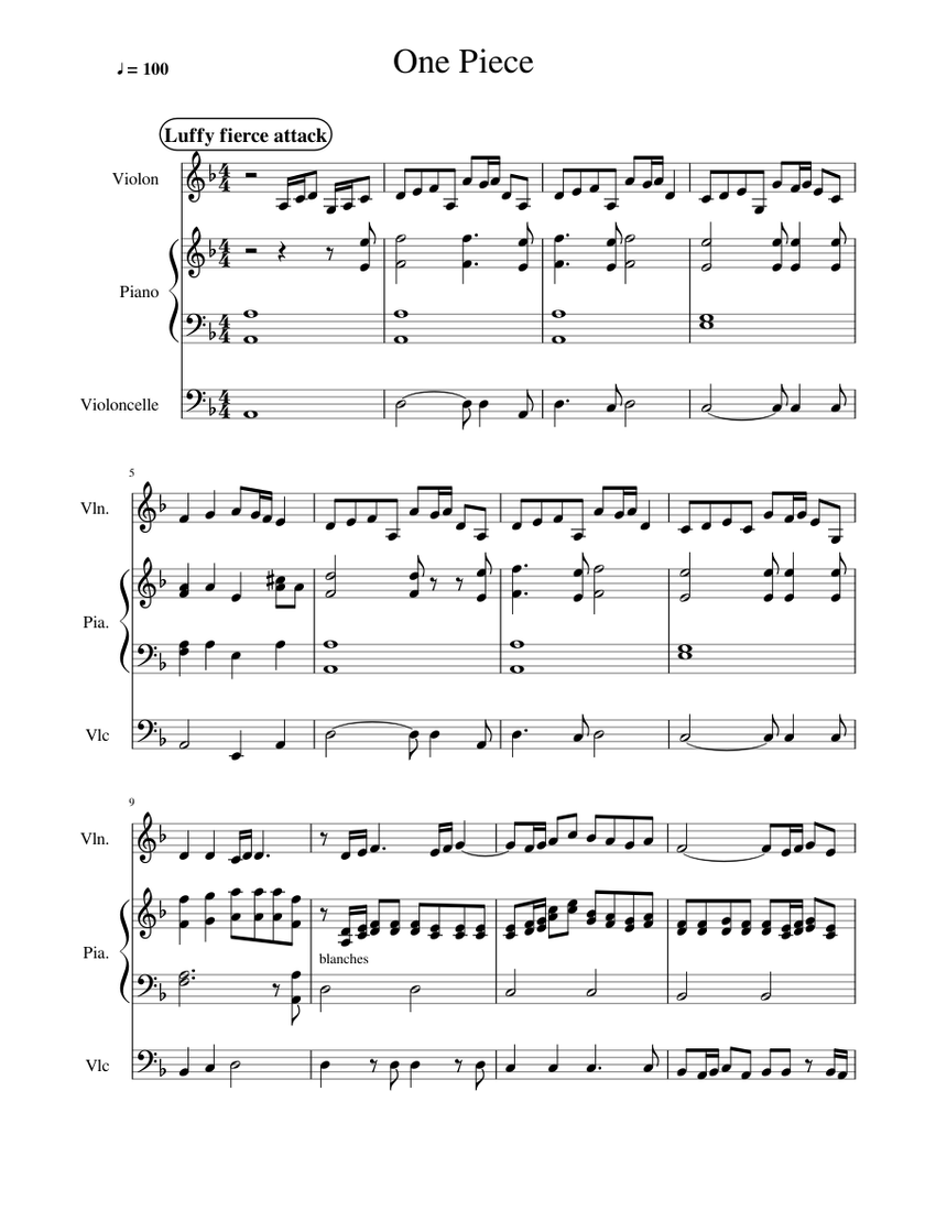 One Piece Medley Sheet Music for Piano, Violin, Cello (String Trio ...