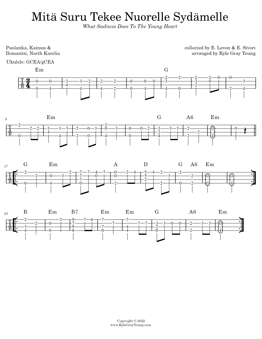 Mitä Suru Tekee Nuorelle Sydämelle – Finnish Folk Tune (ukulele) Sheet ...