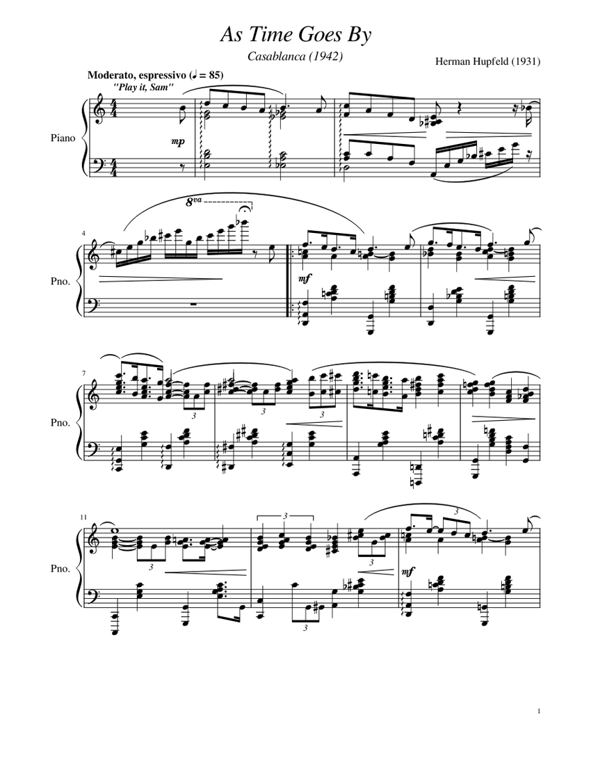 As Time Goes By - Casablanca Sheet Music for Piano (Solo) | MuseScore.com