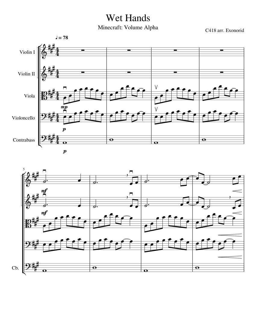 Wet Hands Sheet music for Contrabass, Violin, Viola, Cello (String ...