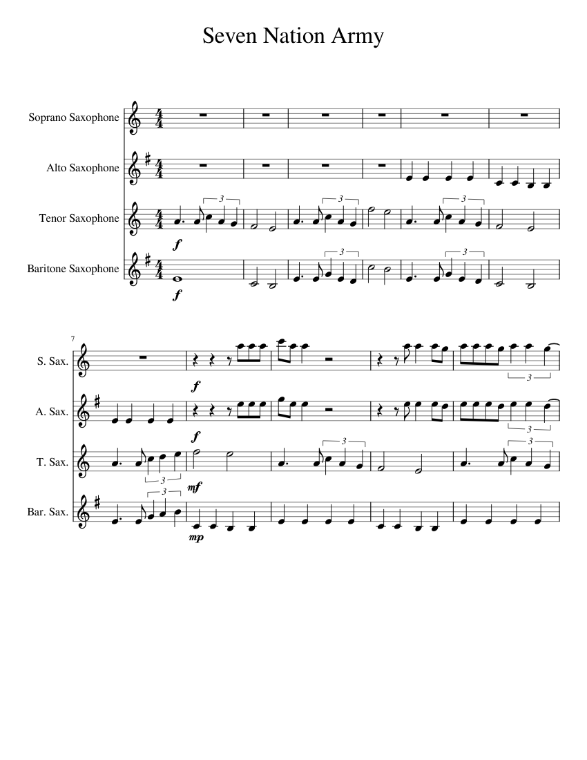 Seven Nation Army SATB Sheet Music for Saxophone alto, Saxophone tenor ...