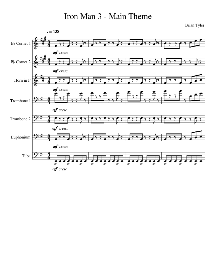 Iron Man 3 Main Theme Brass Ensemble Sheet Music for Trombone, Cornet ...