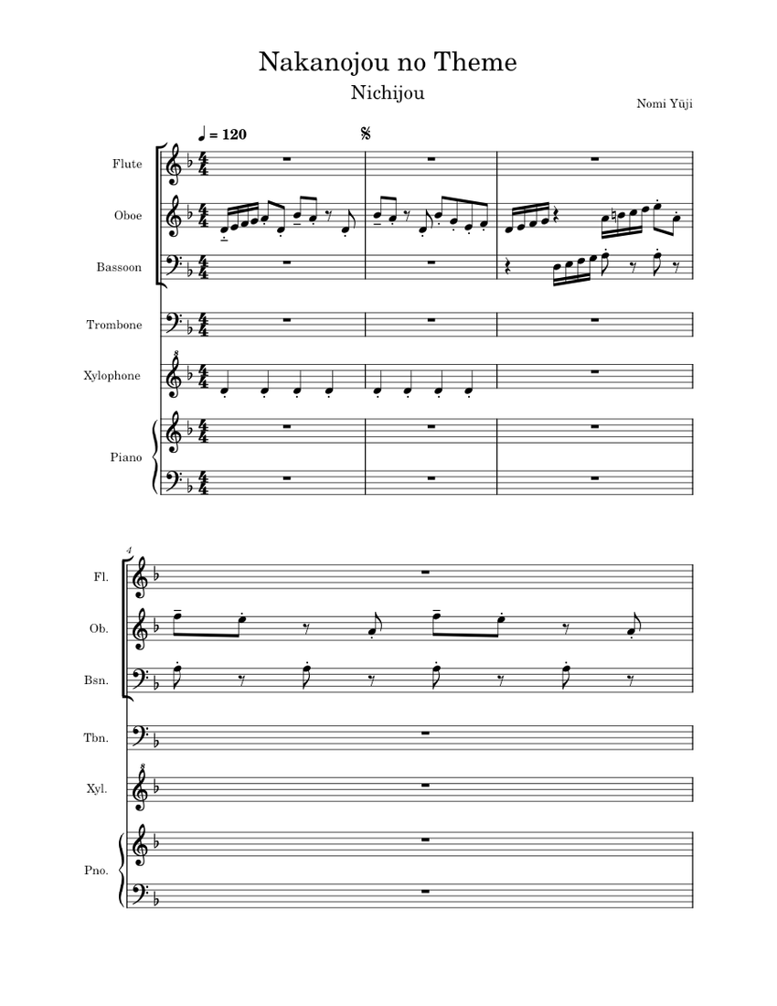 Nakanojou no Theme - Nichijou OST Sheet Music for Piano, Trombone ...