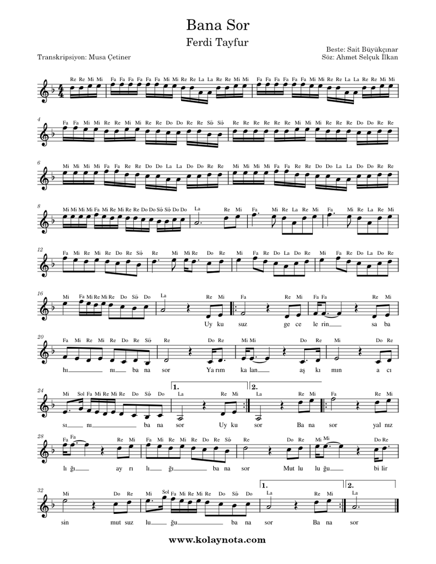 Bana Sor - Kolay Nota Sheet Music for Piano (Solo) Easy | MuseScore.com