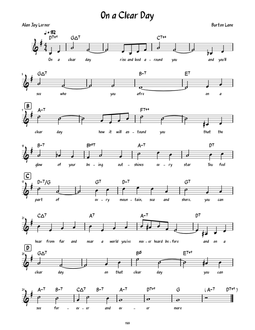 On a Clear Day (Lead sheet with lyrics ) Sheet Music with Chords for Piano (Solo) Easy ...