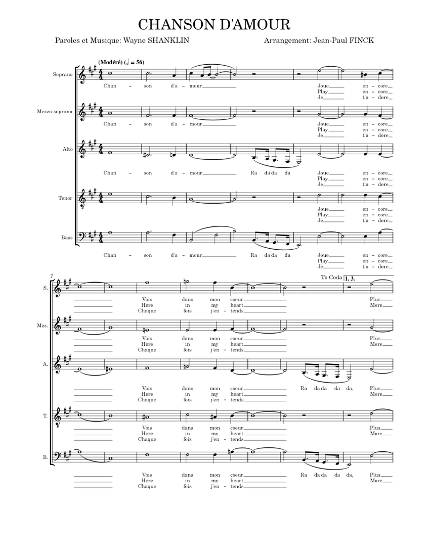 Chanson d'amour – Wayne Shanklin Sheet Music for Soprano, Alto, Tenor ...