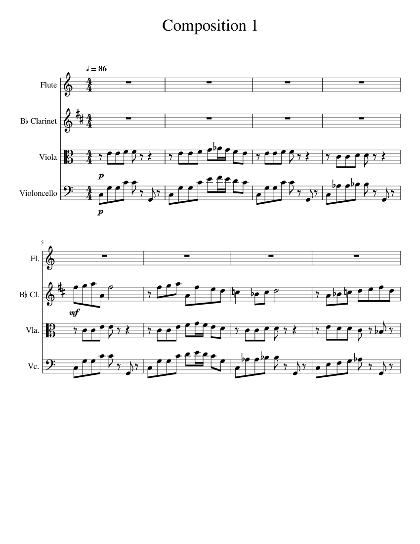 Composition 1 Sheet music for Flute, Clarinet in b-flat, Viola, Cello ...