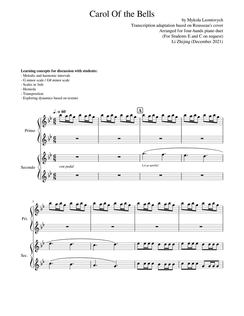 Carol of the Bells by Mykola Leontovych Sheet music for Piano (Piano ...