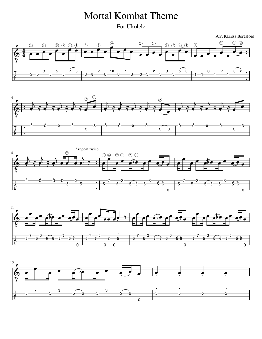Mortal Kombat Theme for Ukulele- Tab and Treble Clef Sheet Music for ...