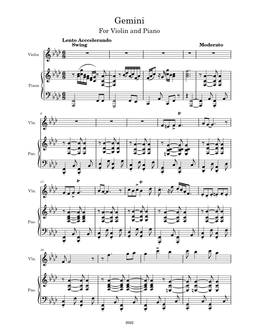 Gemini Sheet music for Piano, Violin (Solo) | Musescore.com