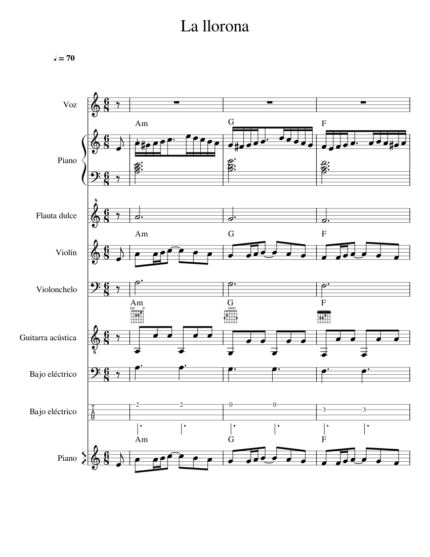 LA LLORONA PIANO,FLAUTA,VIOLIN,CELLO,GUITARRA Sheet Music and Tab with ...