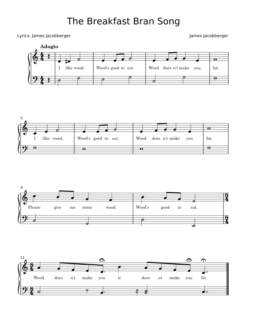 The Breakfast Bran Song Sheet Music for Piano (Piano-Voice) easy ...