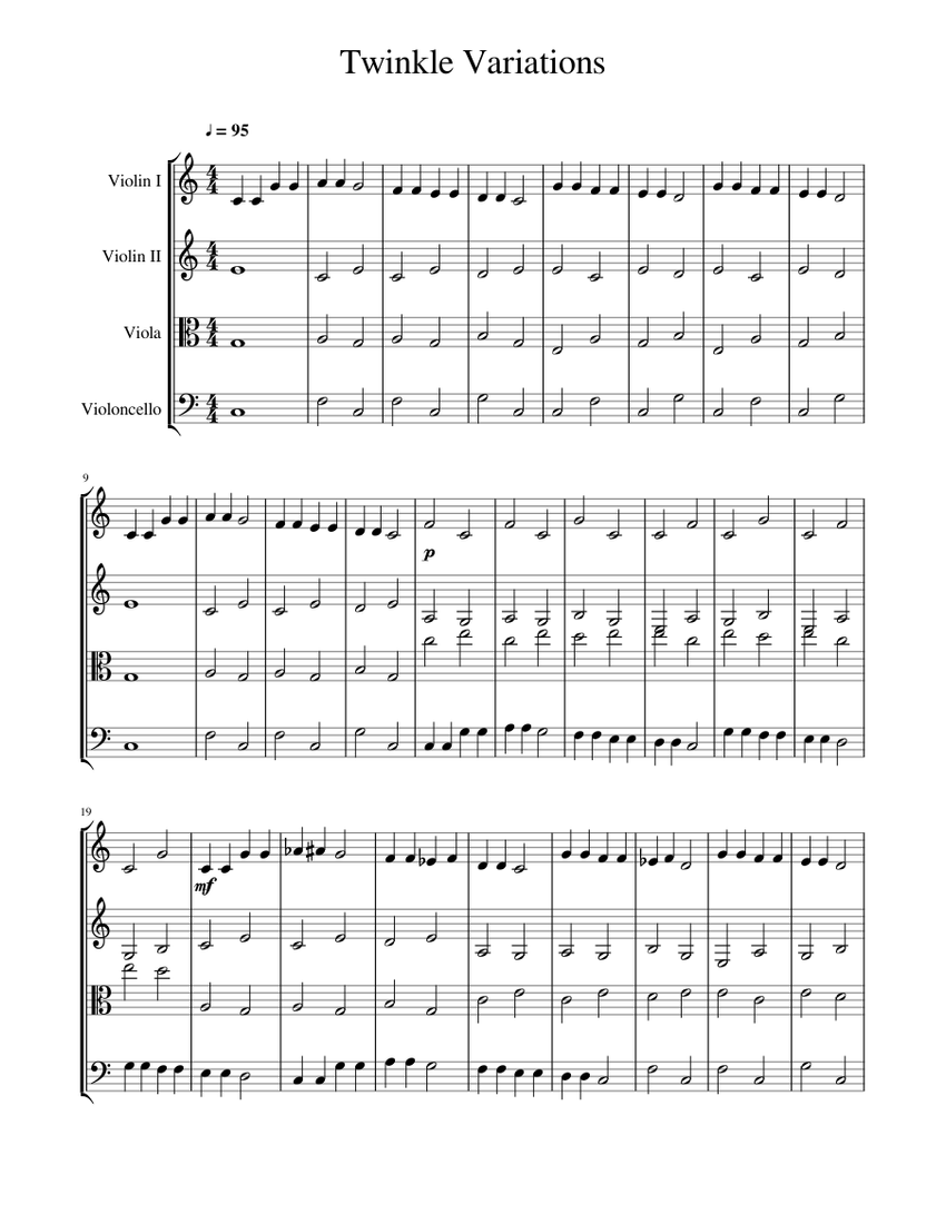 Twinkle Variations Sheet music for Violin, Viola, Cello (String Quartet ...