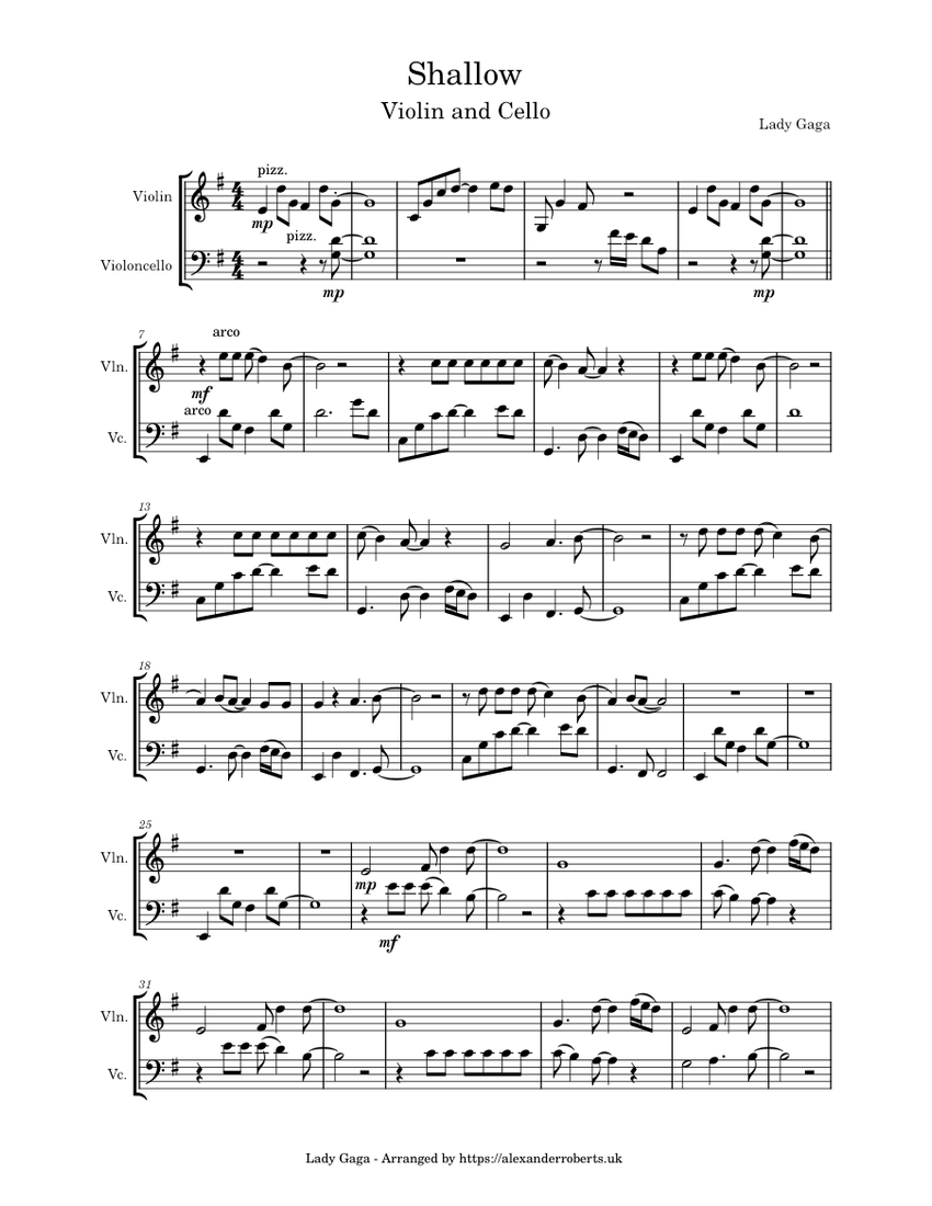 Shallow – Lady Gaga - Violin and Cello Sheet music for Violin, Cello ...