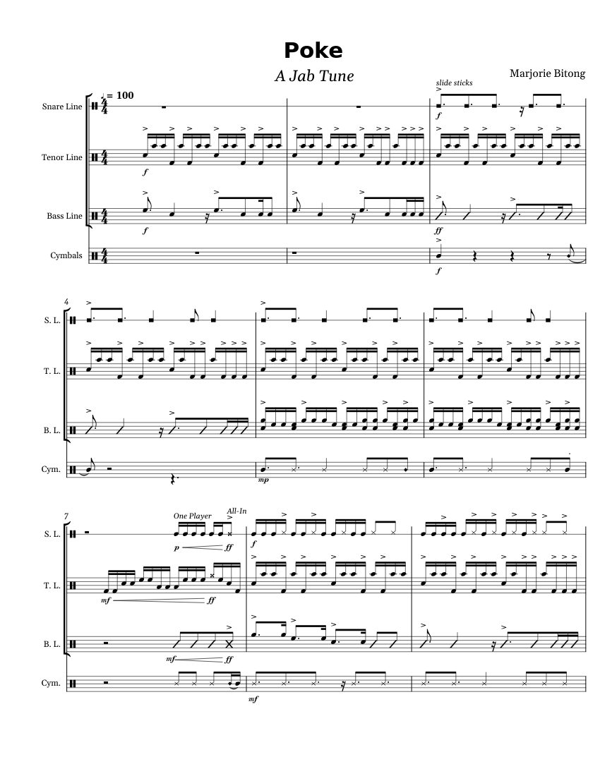 Poke Sheet music for Snare drum, Crash, Tenor drum, Bass drum ...