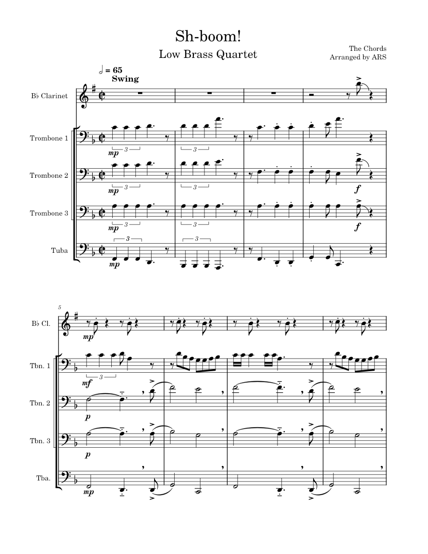 Shboom – The Chords Sheet Music for Trombone, Tuba, Clarinet in b-flat ...
