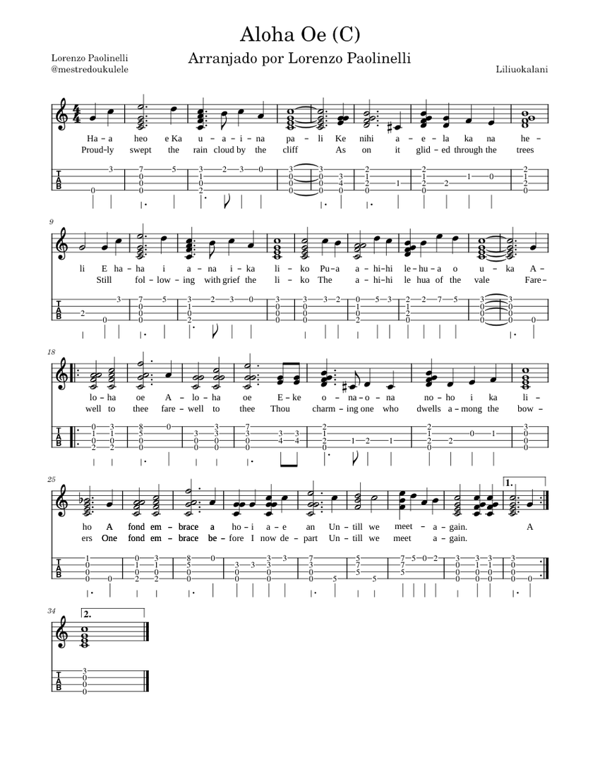 Aloha 'Oe – Liliuokalani Fingerstyle Sheet Music and Tab for Piano ...