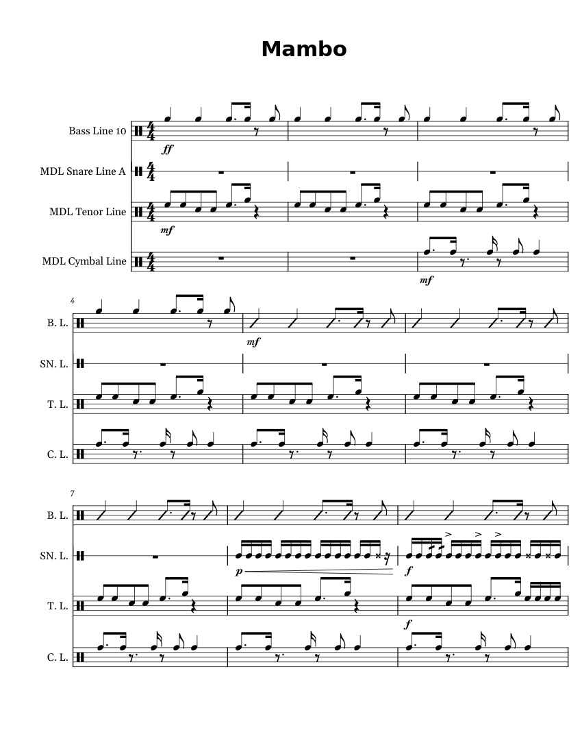 Mambo Cadence Sheet Music for Snare drum, Crash, Tenor drum, Bass drum ...