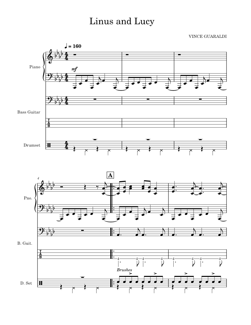 Linus and Lucy Sheet music for Piano, Bass guitar, Drum group (Mixed Trio) | Musescore.com