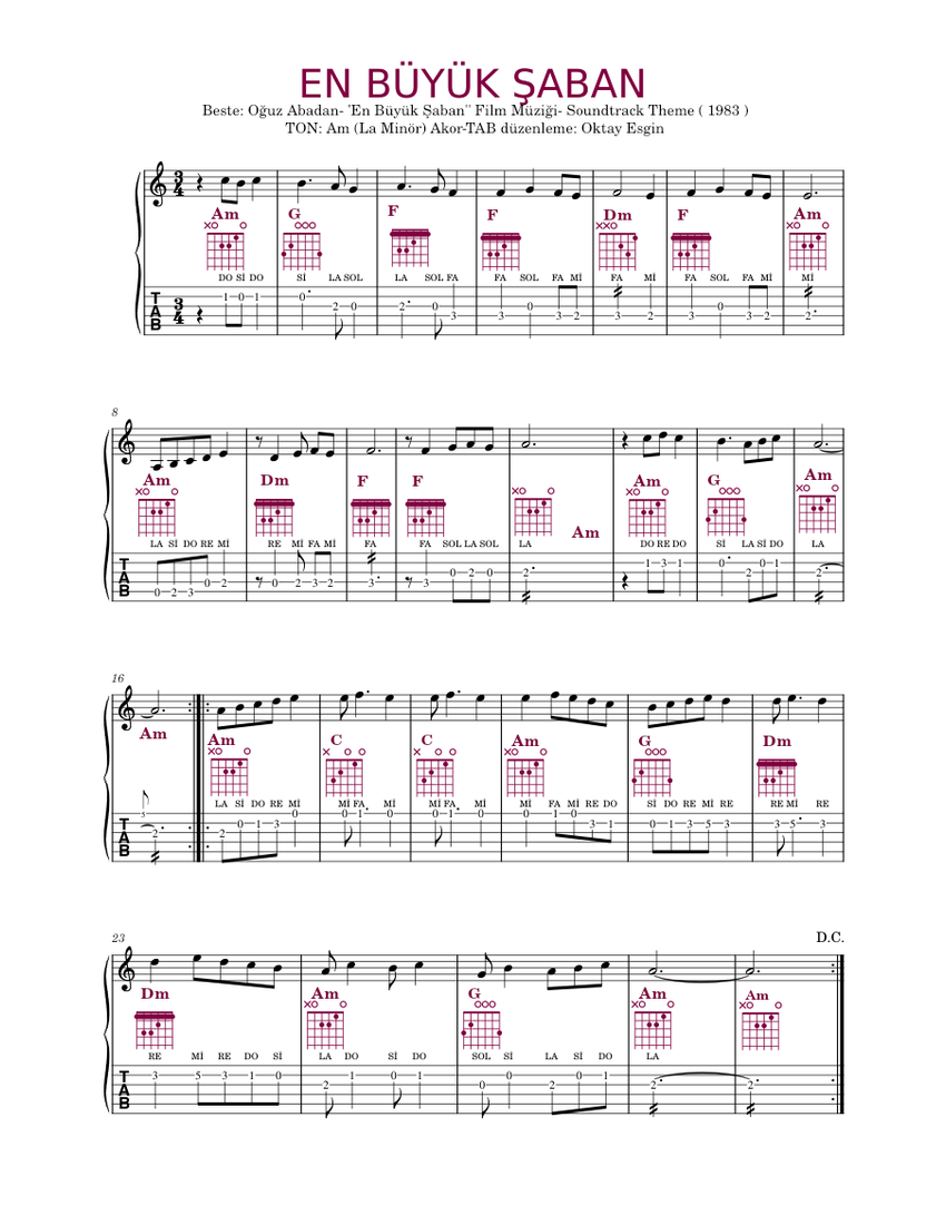 EN BÜYÜK ŞABAN SOUNDTRACK – OĞUZ ABADAN Sheet music for Piano, Guitar ...