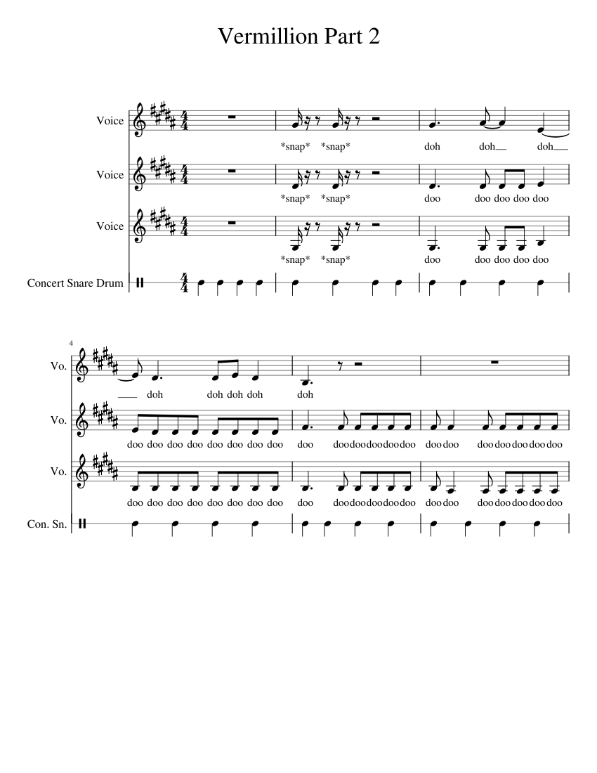 Vermillion Part 2 Sheet Music for Vocals, Snare drum (Mixed Quartet ...