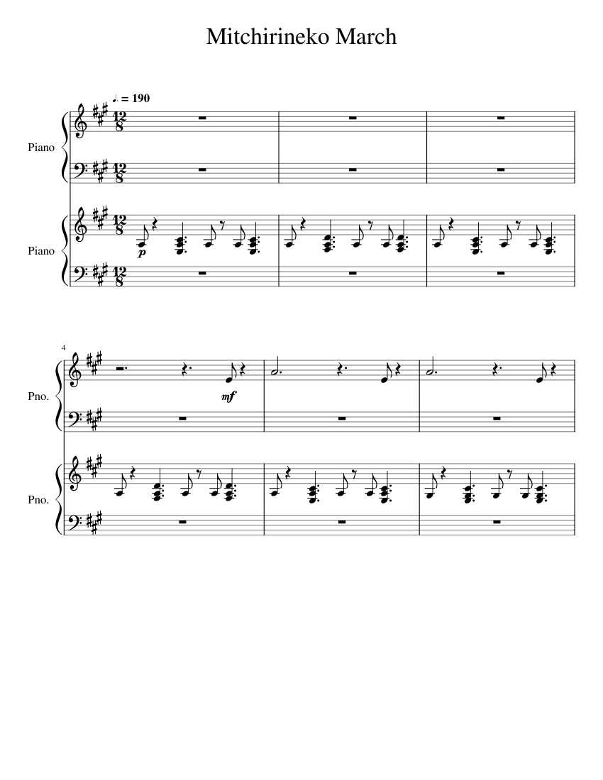 みっちりねこ March (MitchiriNeko) Sheet Music for Piano (Mixed Duet ...