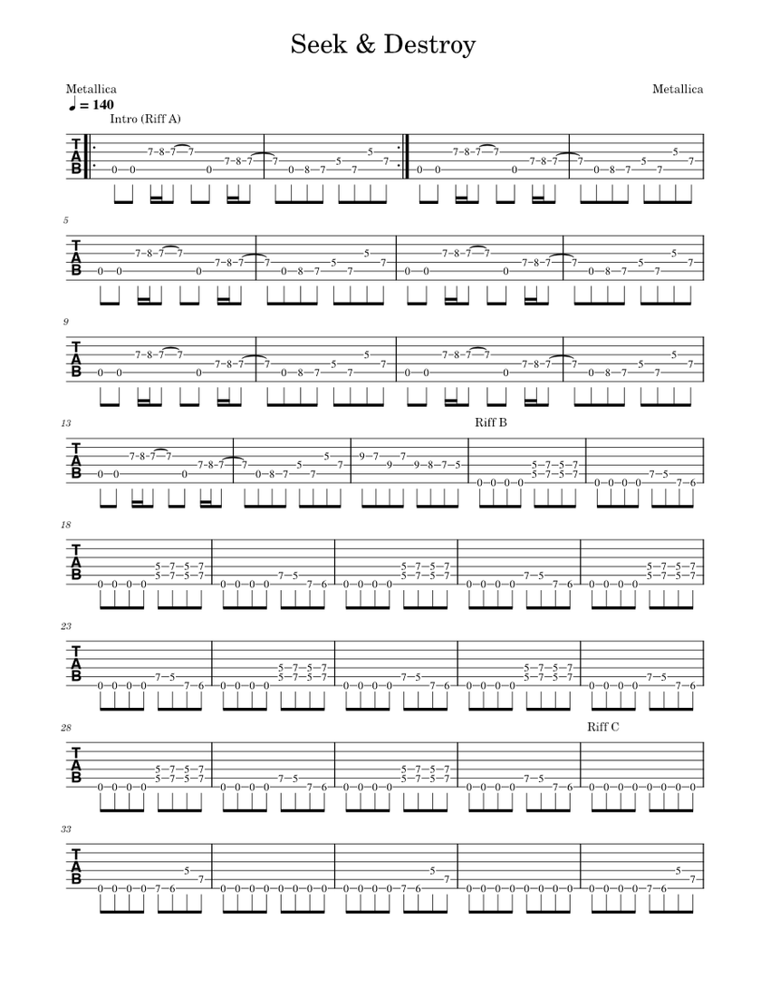 Seek & Destroy - Metallica - Guitar Tab Sheet Music for Guitar (Solo ...