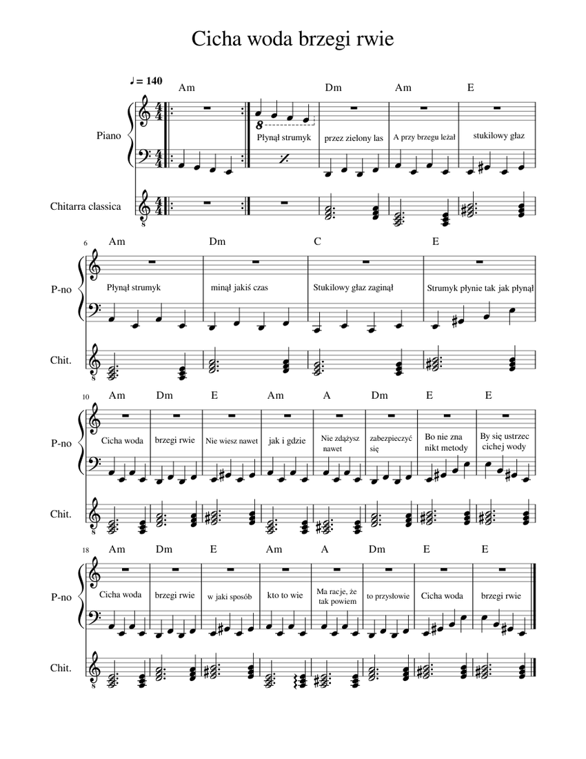 Cicha woda brzegi rwie Sheet Music with Chords for Piano, Guitar (Mixed ...