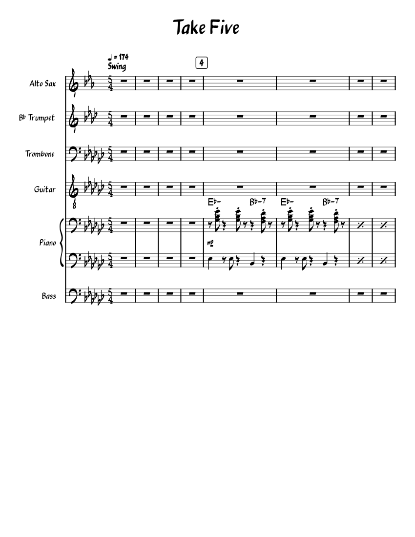 Take Five Sheet Music with Chords for Piano, Trombone, Saxophone alto ...