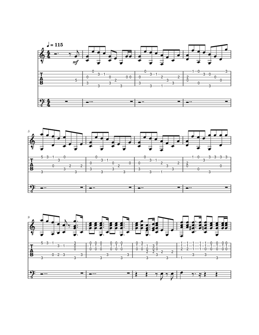 Jingle Bells Christmas - Finger Style Tabs & Staff Notation - piano ...
