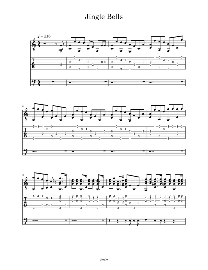 Jingle Bells Christmas - Finger Style Tabs & Staff Notation Sheet music ...