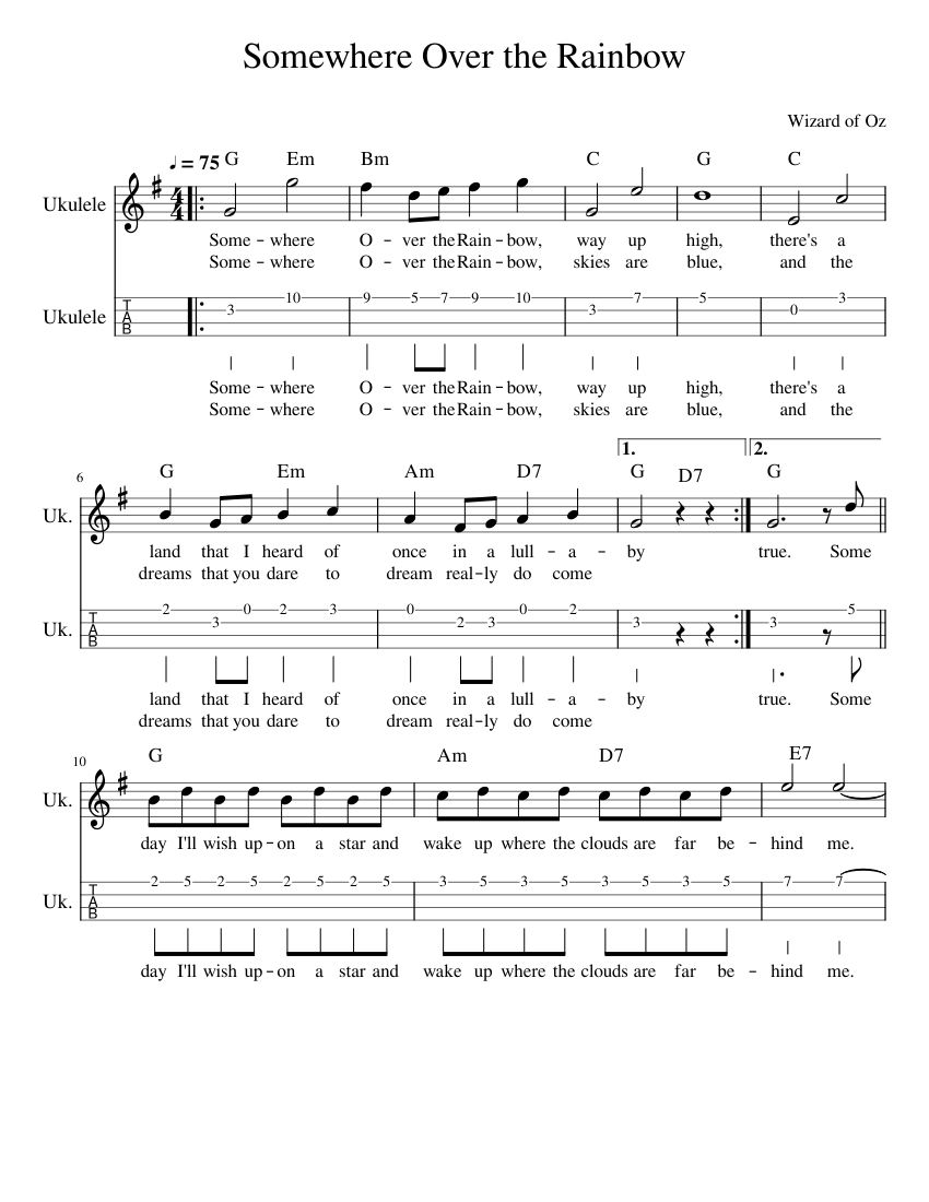 Somewhere Over the Rainbow Sheet Music and Tab with Chords for Ukulele ...